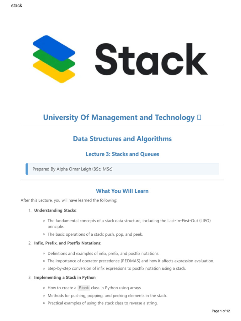 Lecture 3 Stack | PDF | Mathematics | Computer Programming Lecture 3 Stack | PDF | Mathematics | Computer Programming