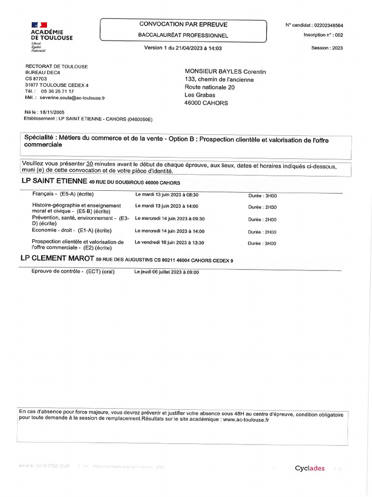 Convocation BAC MCV 2023 | PDF