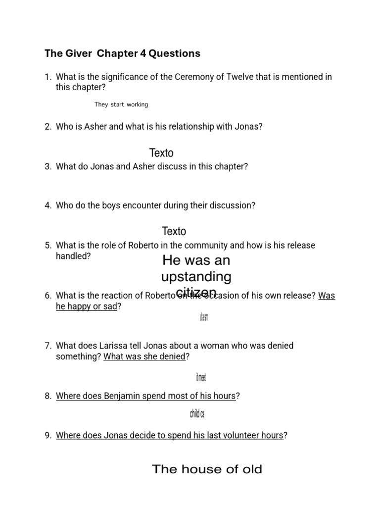 The Giver Chapter 4 Study Questions | PDF
