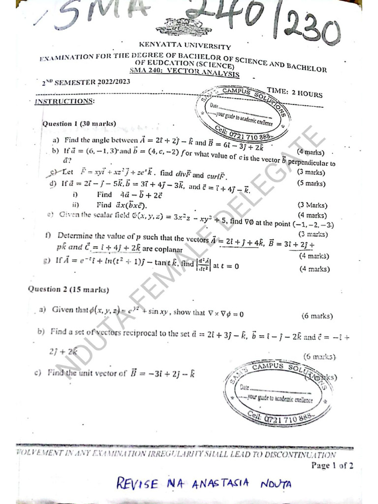 SMA230. VECTOR ANALYSIS PP2 | PDF