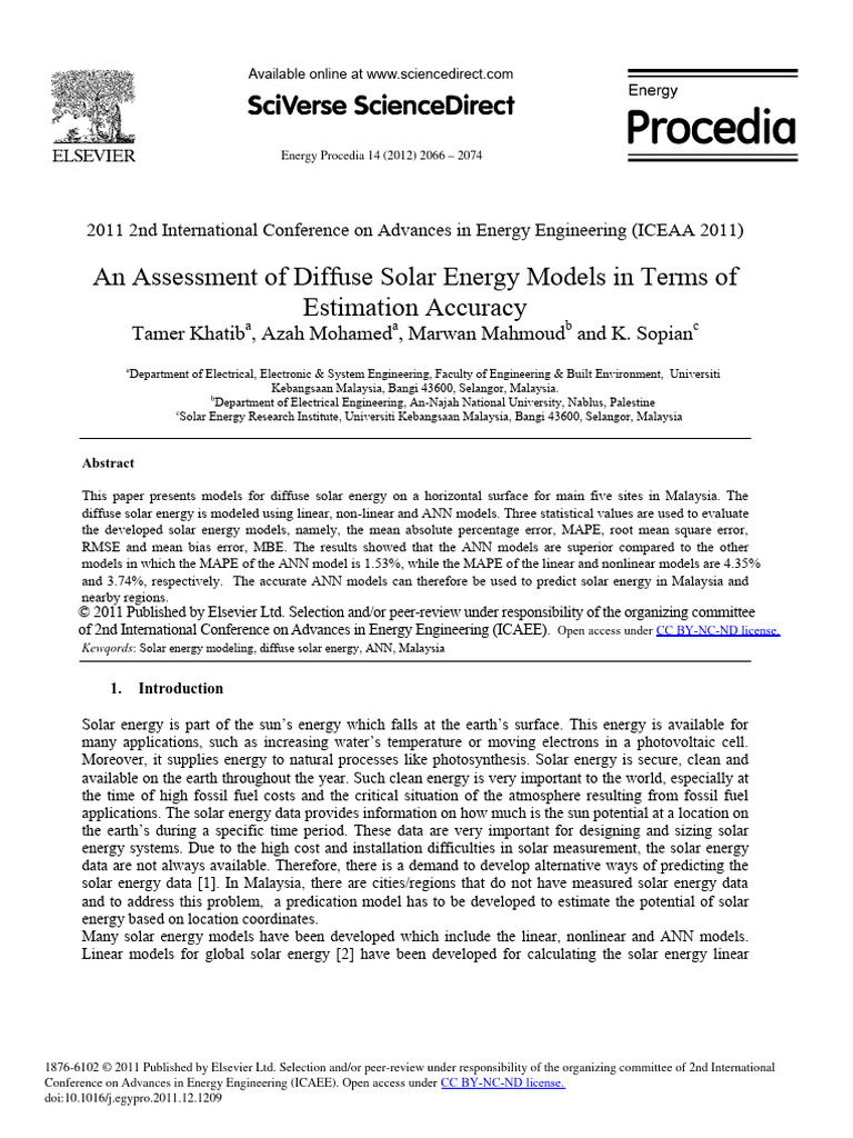 An Assessment of Diffuse Solar Energy Models in Te | PDF | Sun