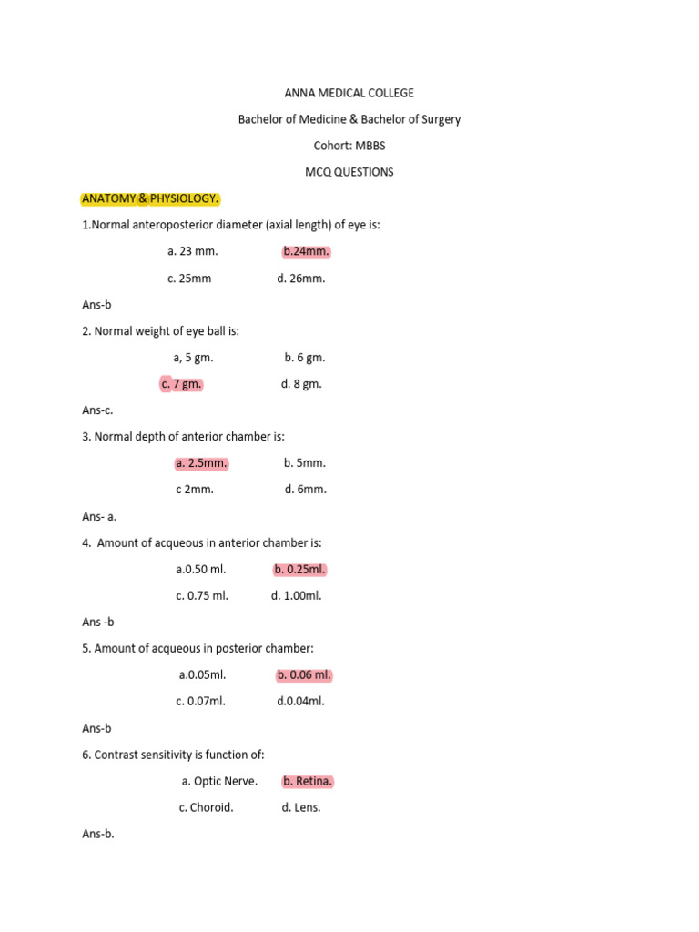 Anatomy and Physiology of Eye (Corrected MCQ) | PDF | Cornea | Retina