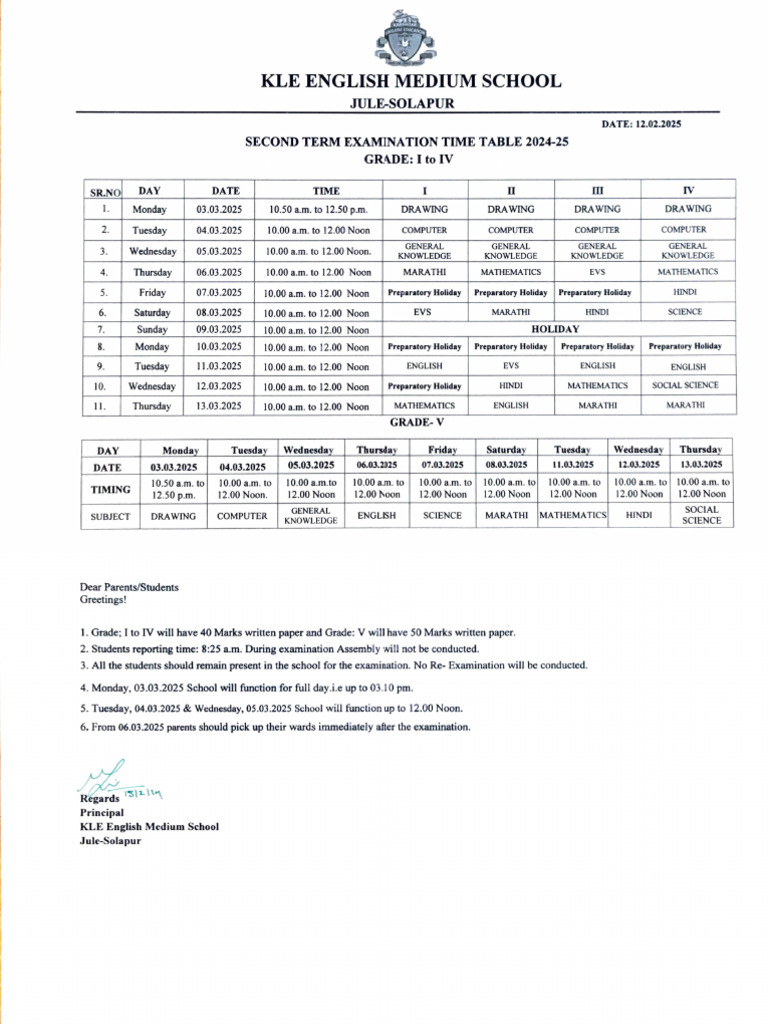 Grade - I To V, Second Term Exam Time Table | PDF