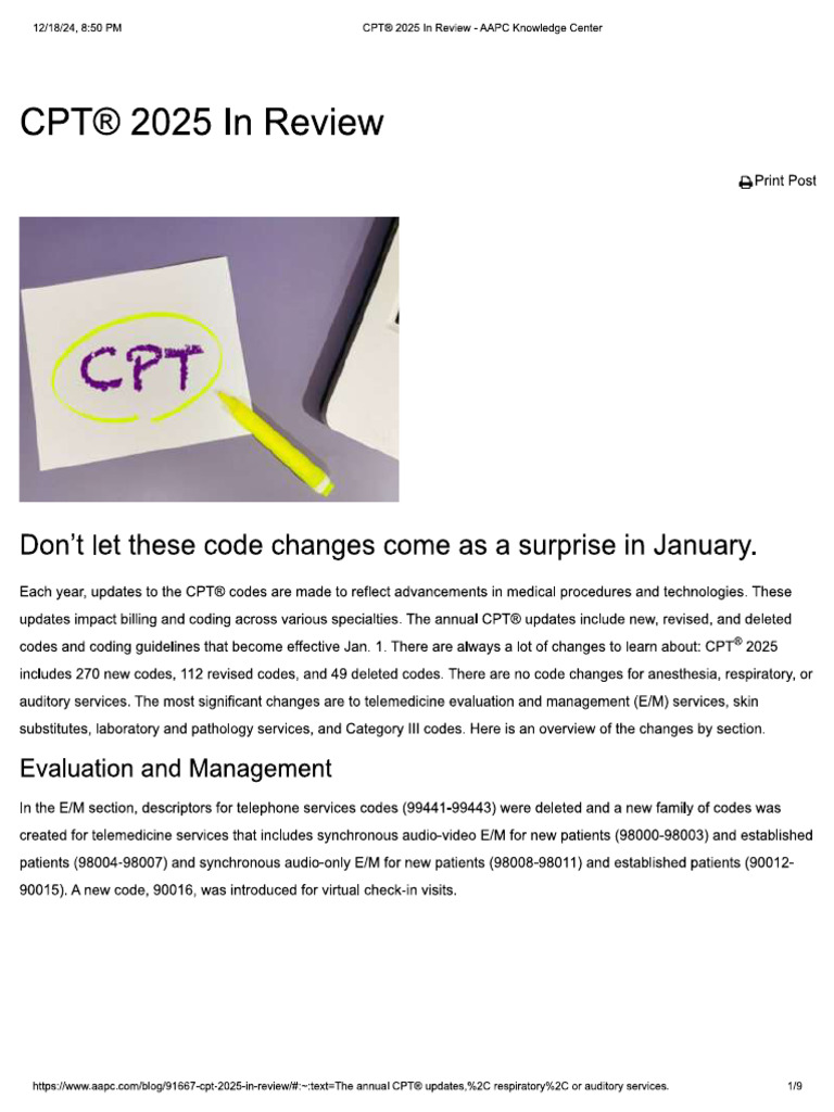 CPT 2025 Updates by AAPC | PDF