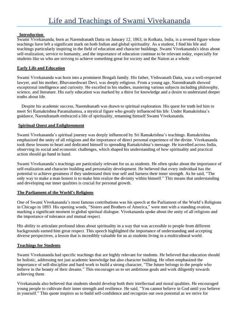 Swami Vivekananda: Life and Teachings | PDF | Swami Vivekananda ...