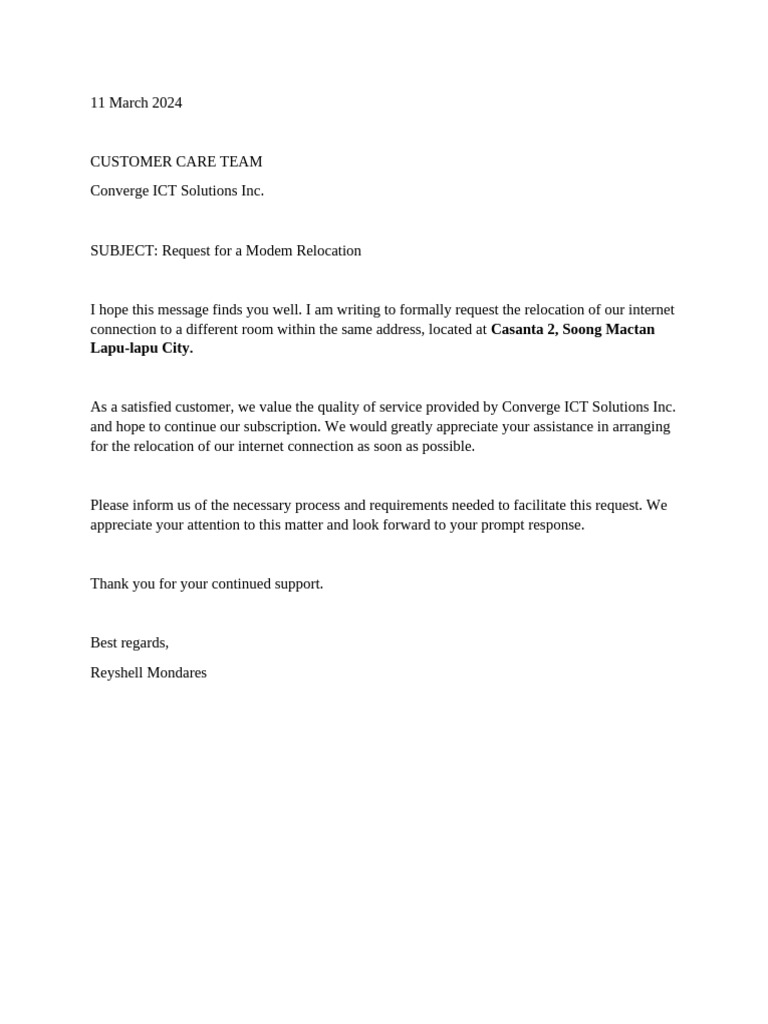 Modem Relocation Request to Converge ICT | PDF