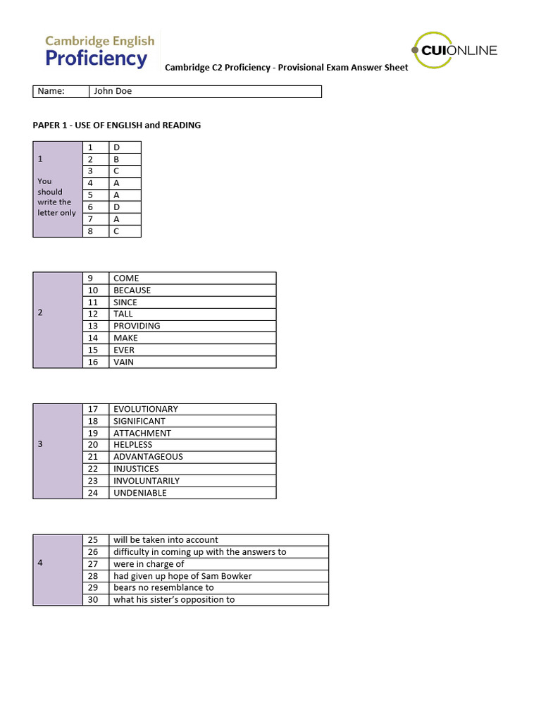 Cambridge C2 Proficiency Answer Sheet | PDF | Student Assessment And ...