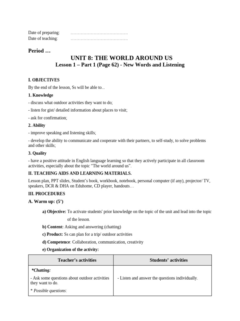 UNIT 8 - LESSON 1 - PART 1 - New Words and Listening | PDF | Outdoor ...