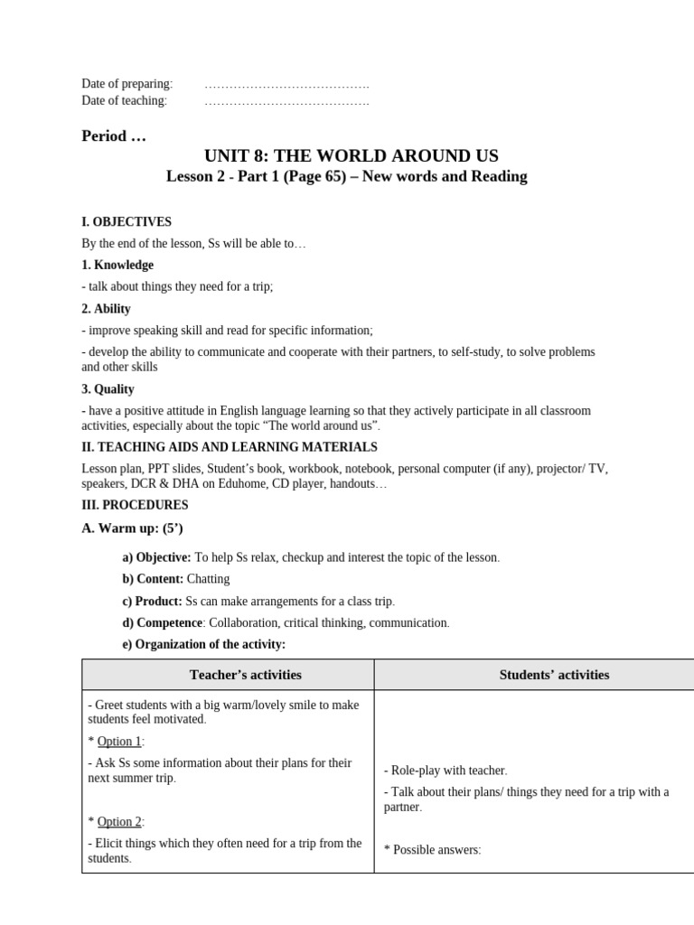 UNIT 8 - LESSON 2 - PART 1 - New Words and Reading1 | PDF | Lesson Plan ...