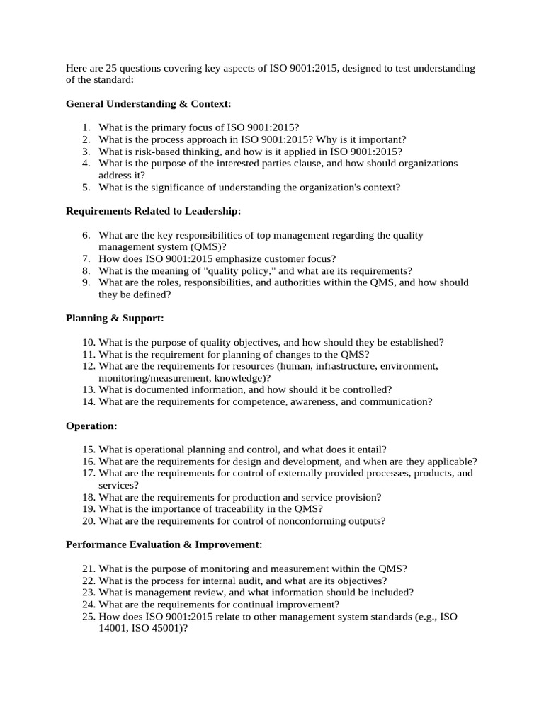 New Questions Covering Key Aspects of ISO 9001 2015 | PDF
