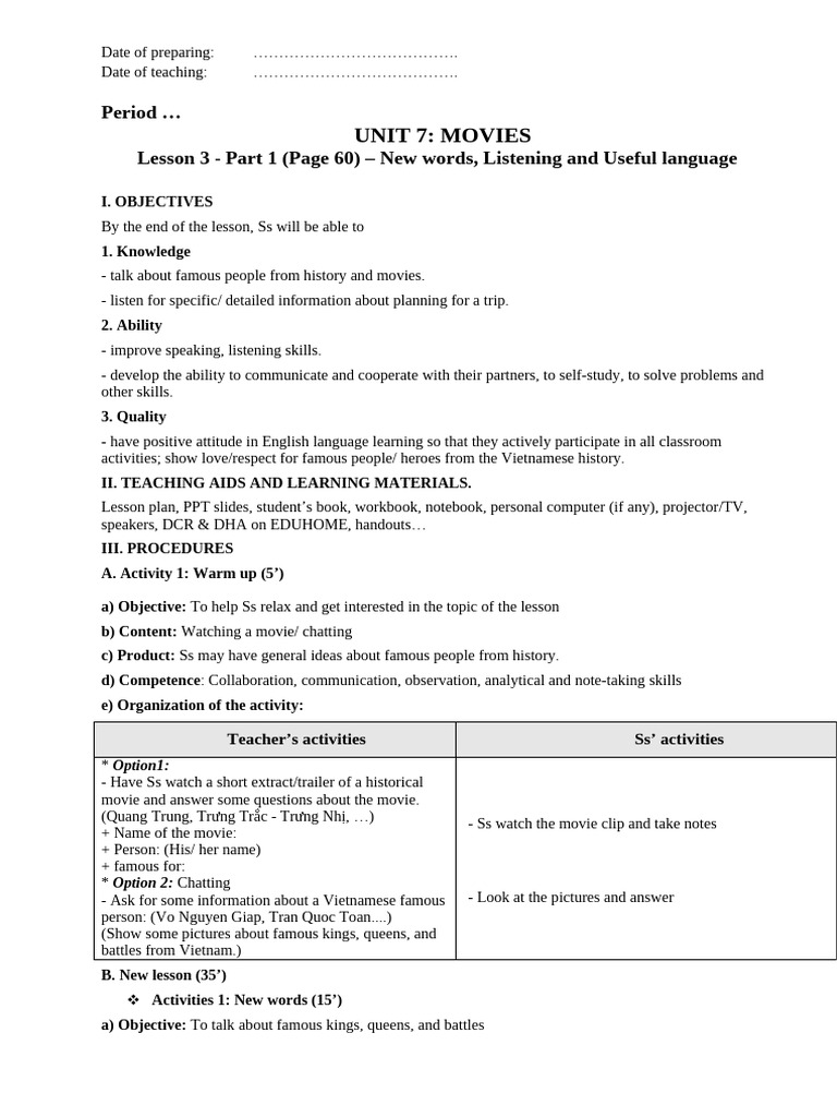 UNIT 7 - LESSON 3 - PART 1 - New word, listening, useful1 | PDF ...