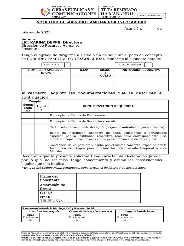 Formulario Sf-001-Subsidio Familiar Por Escolaridad - 2025 | PDF