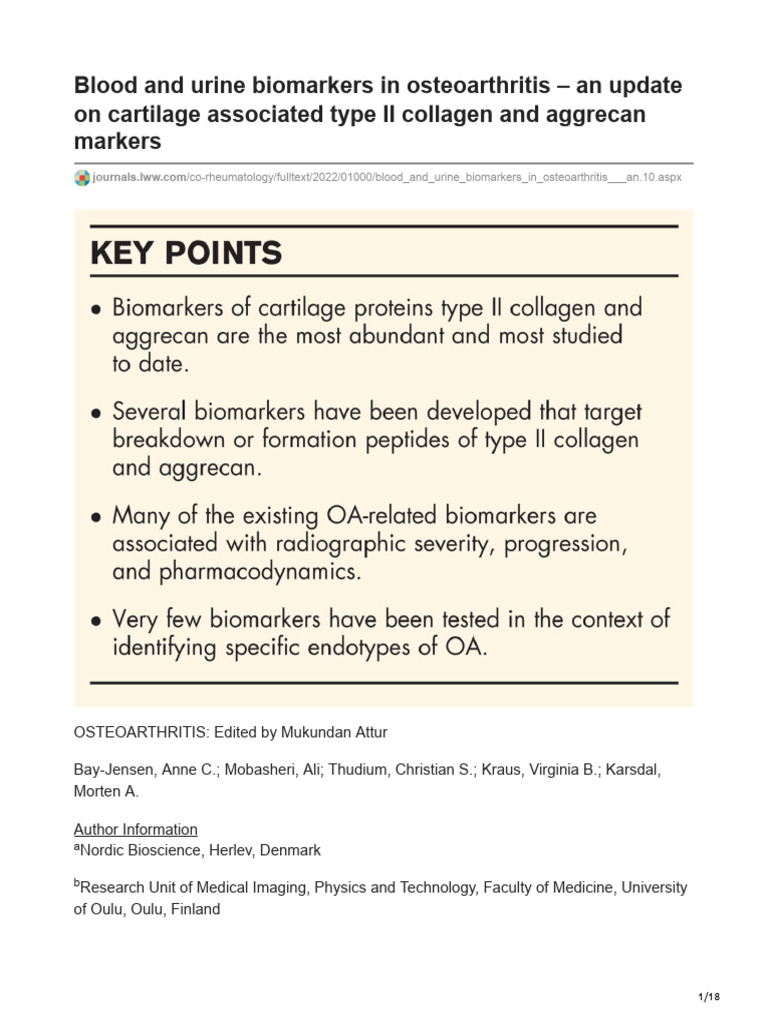 Blood and urine biomarkers in osteoarthritis an update on cartilage ...