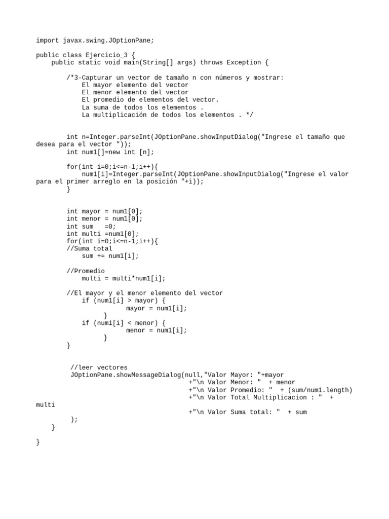 Análisis de Vector en Java: Mayor, Menor, Promedio | PDF