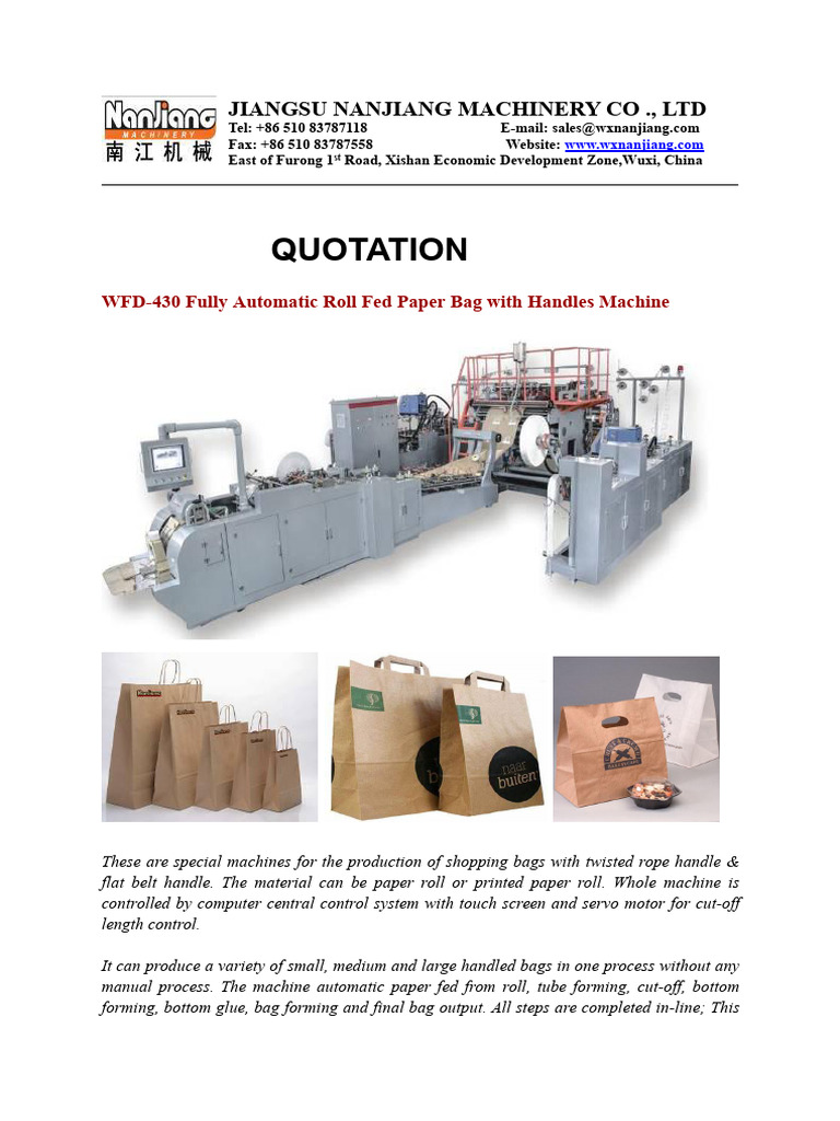 WFD-430 Automatic Paper Bag Machine | PDF | Paper | Personal Computers