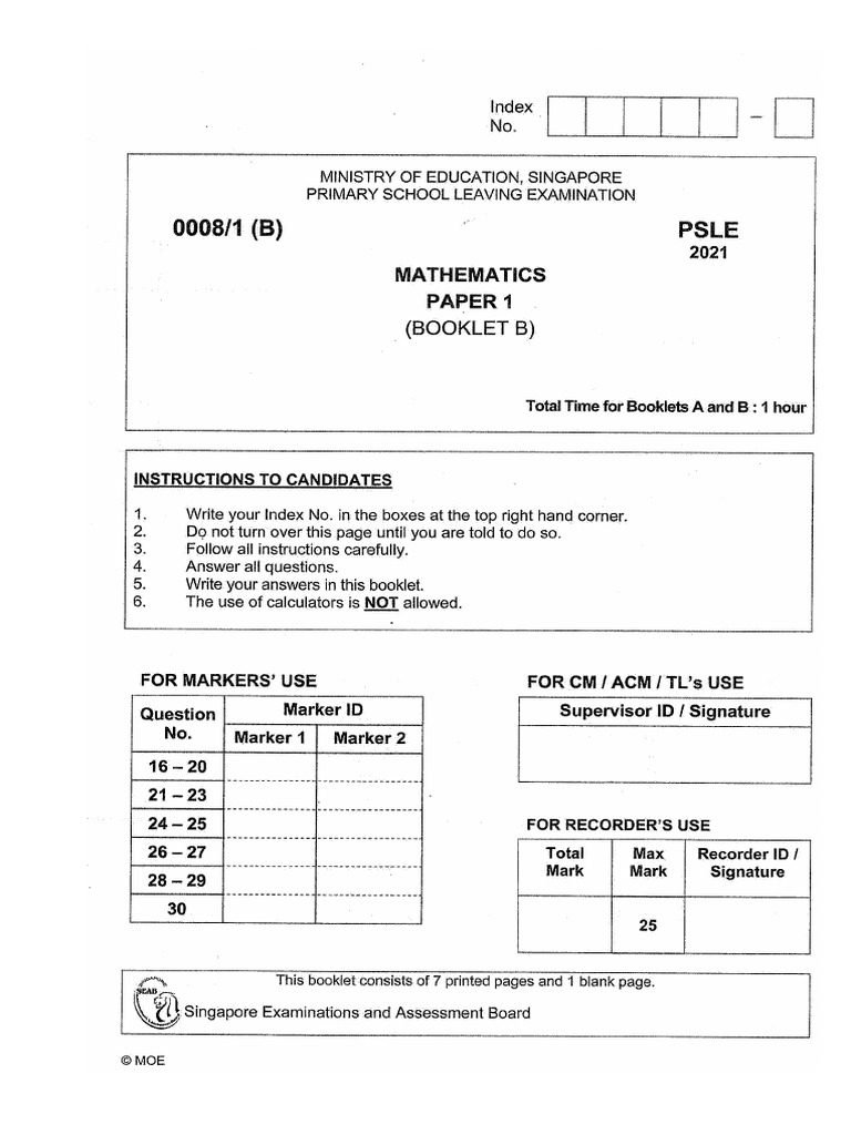PSLE Maths 2021 Paper 1 Booklet B | PDF