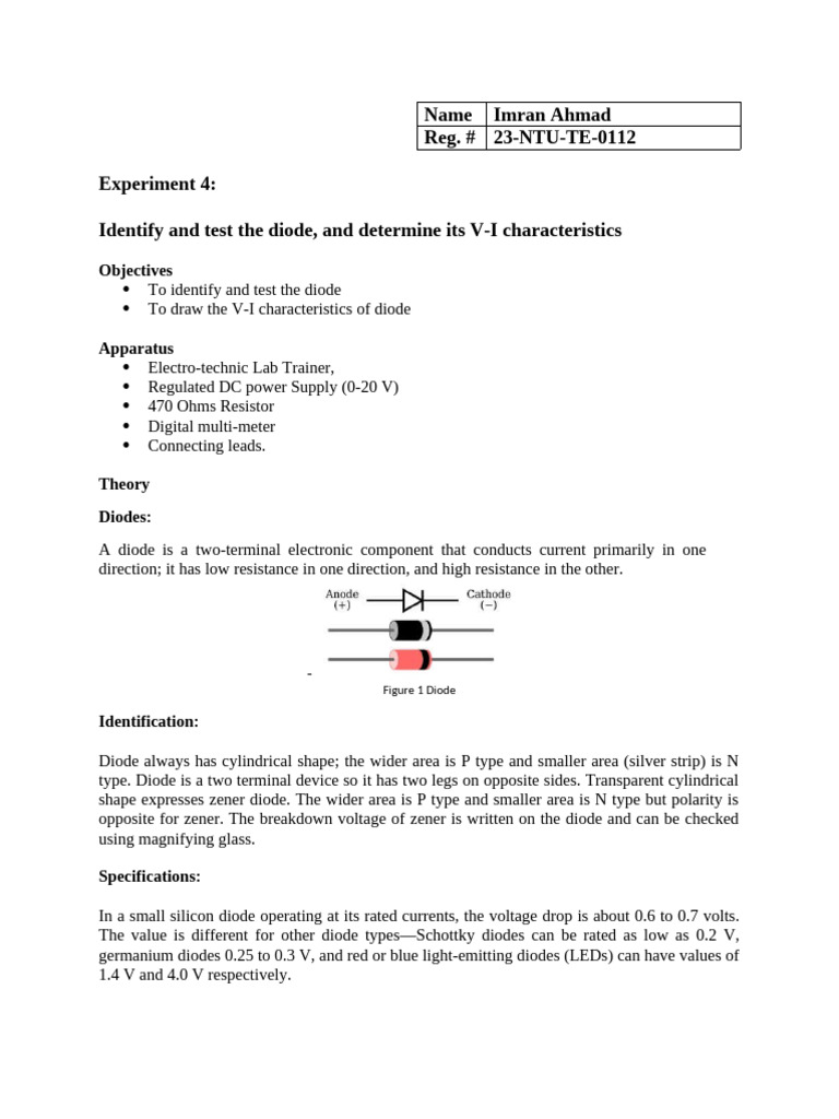 23-NTU-TE-0112 Lab Report No 4 | PDF | Diode | P–N Junction
