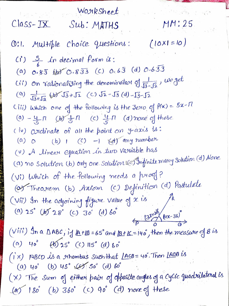 Solution of Maths Worksheet Class IX | PDF