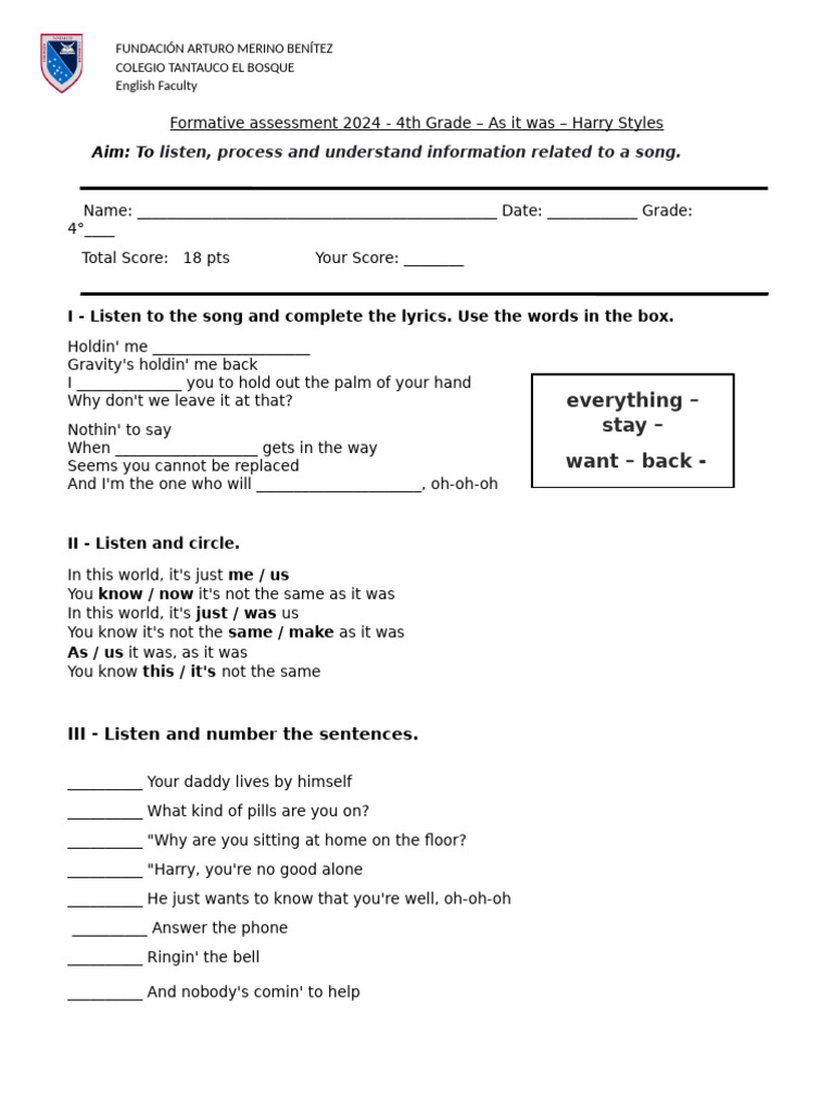 4th Grade English Assessment: Harry Styles | PDF