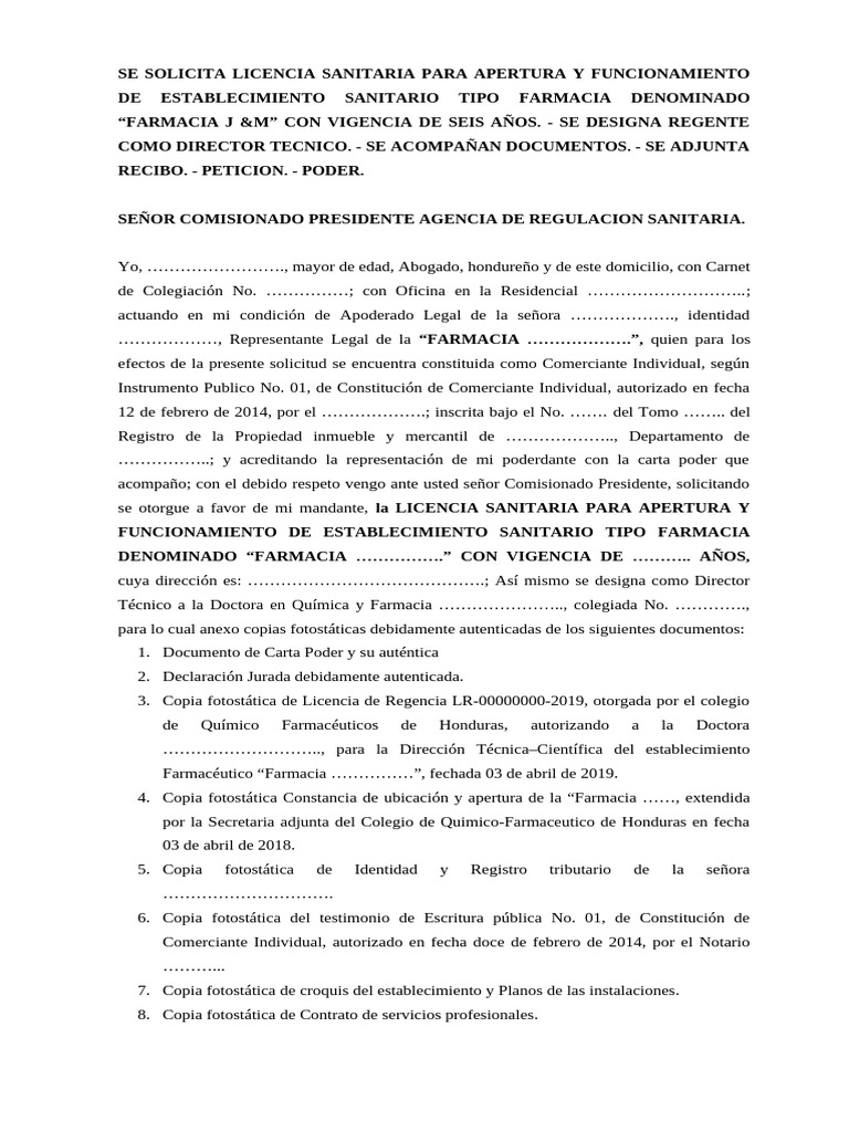 Se Solicita Licencia Sanitaria Farmacia Formato | PDF | Farmacéutico | Farmacia