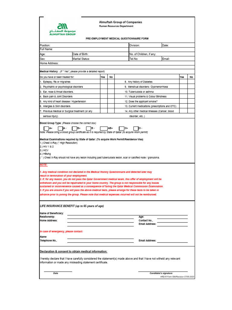 HRD-R Form 506. Pre-Emplpoyment Medical QForm-08-MAY 2023 | PDF ...