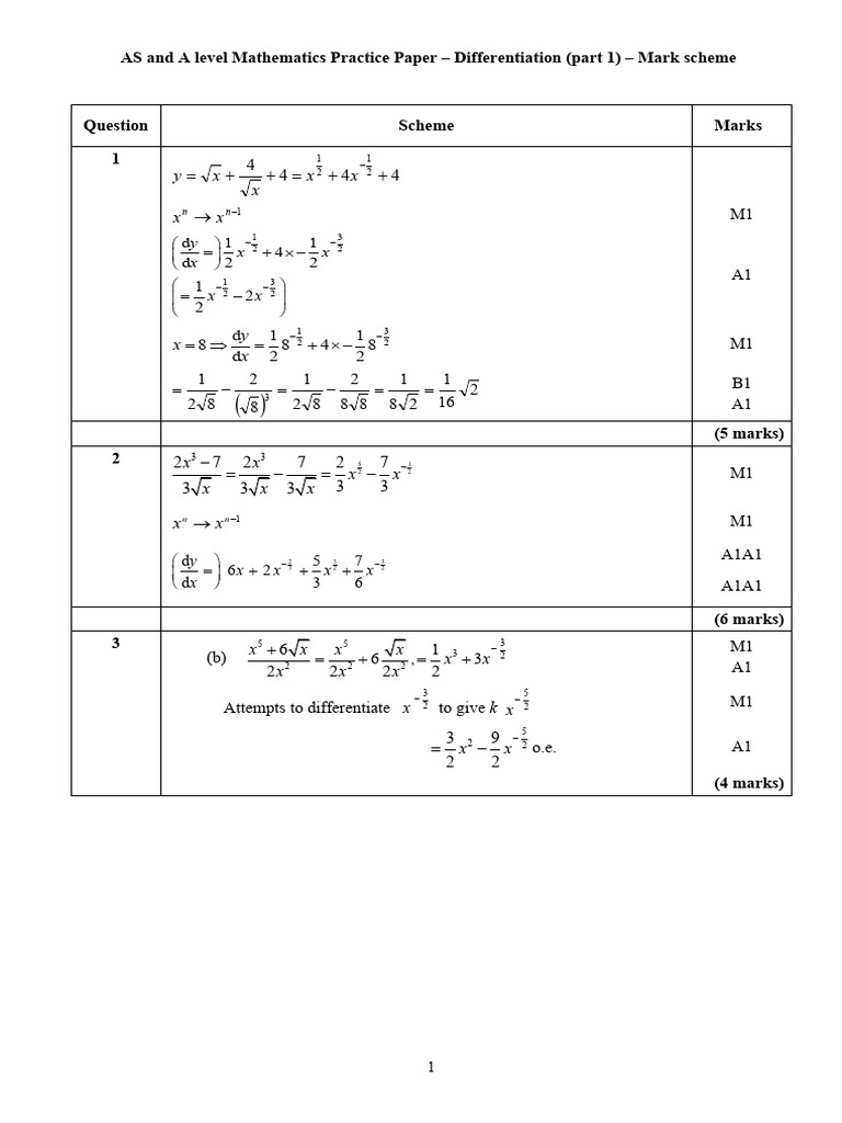 AS Mathematics - Practice Paper - Differentiation (Part 1) MS | PDF | Mathematics | Mathematical ...