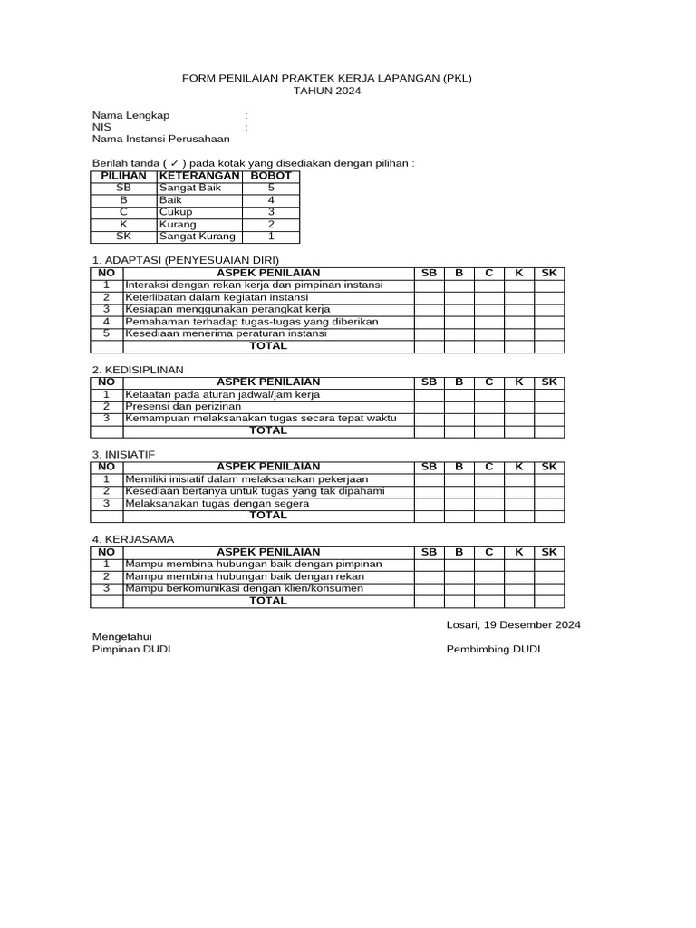 PENILAIAN PKL 2024 | PDF