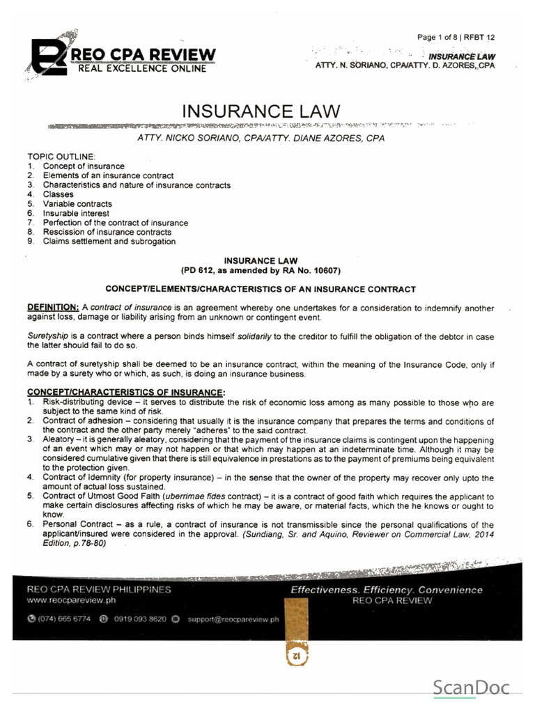 Insurance Law Reo | PDF