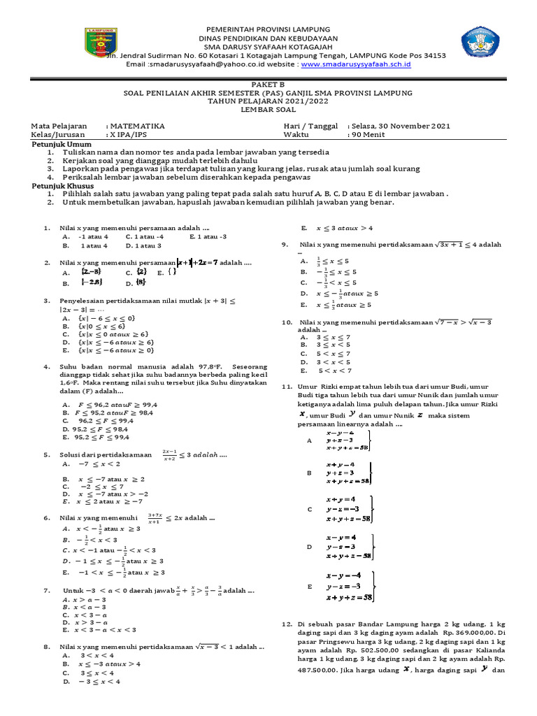 Pas MTK Wajib Kelas X | PDF