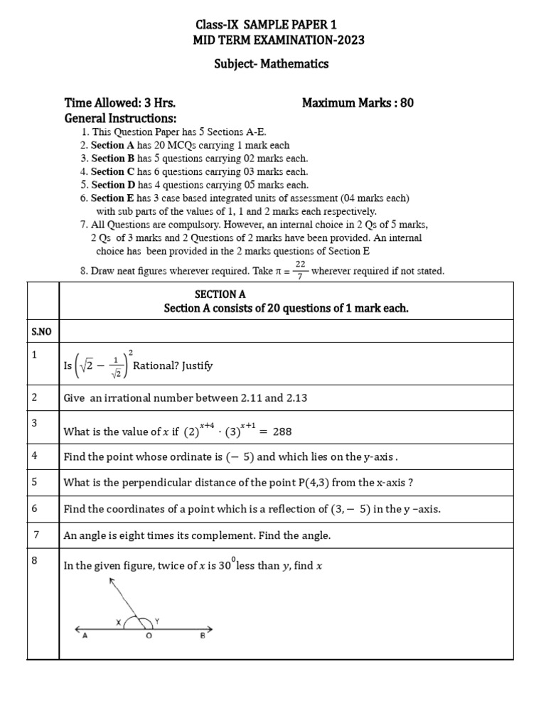 9th SAMPLE PAPER 1 MID TERM - 2023 | PDF | Triangle | Area