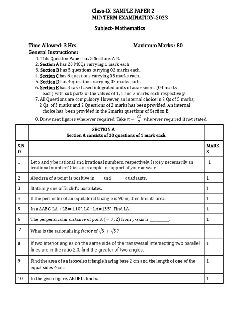 9th MID TERM SAMPLE PAPER DPS RKP | PDF | Triangle | Perpendicular