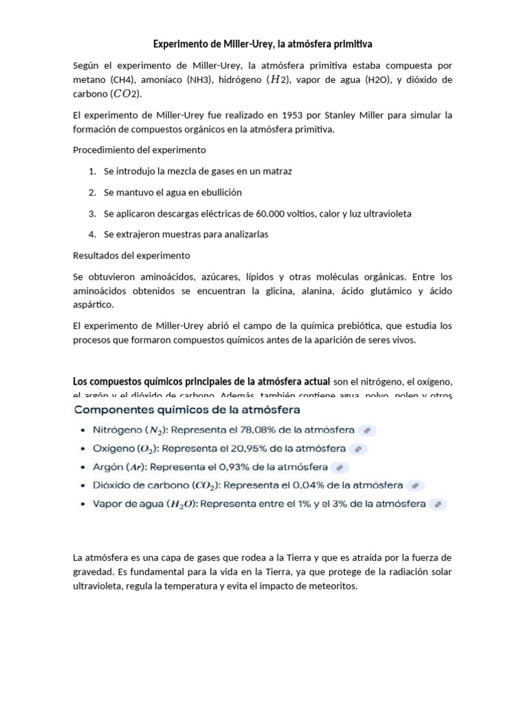 Experimento de Miller-Urey y la atmósfera primitiva | PDF