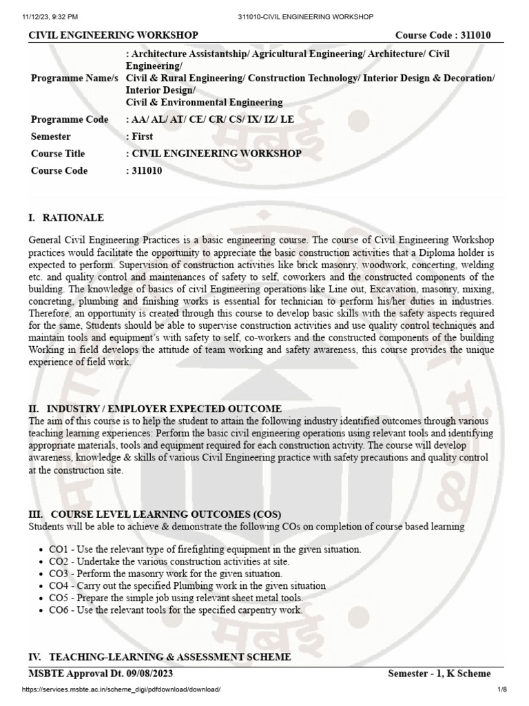 Civil Engineering Workshop Course Guide | PDF | Sheet Metal | Pipe ...