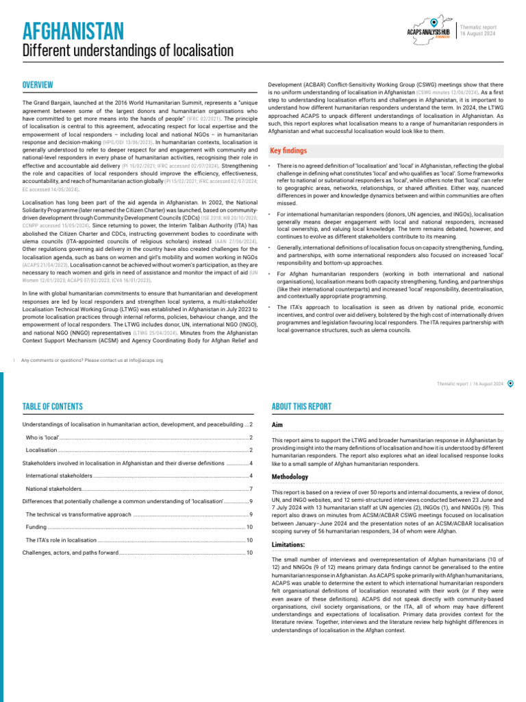 ACAPS Afghanistan Analysis Hub Different Understandings of Localisation | PDF | Non Governmental ...