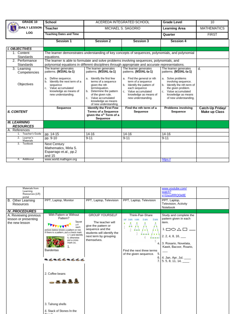g10 Dll First Quarter | PDF | Learning | Sequence