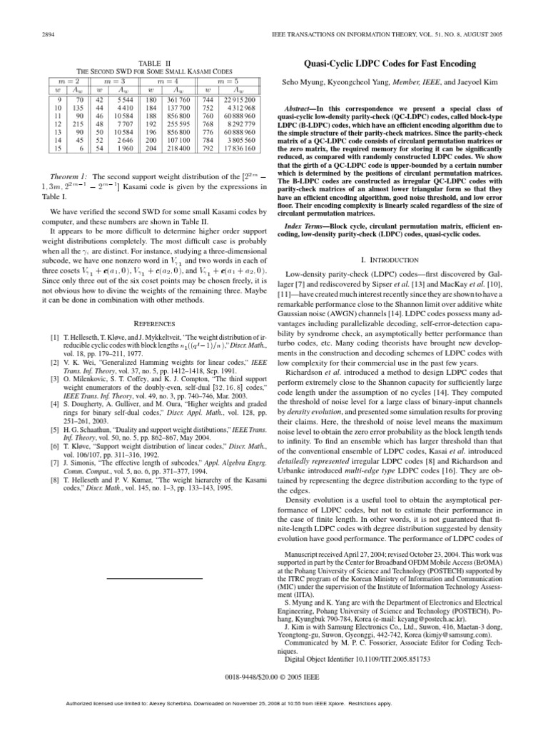 Quasi-Cyclic LDPC Codes For Fast Encoding | PDF | Low Density Parity Check Code | Permutation