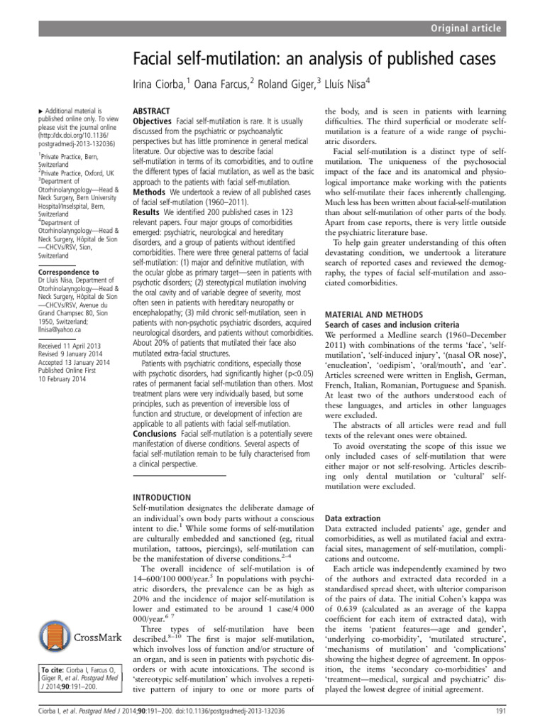 Analysis of Facial Self-Mutilation Cases | PDF | Self Harm | Psychiatry