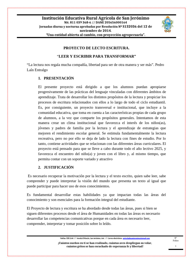 Proyecto de Lectoescritura 2025 | PDF | Literatura | Aprendizaje
