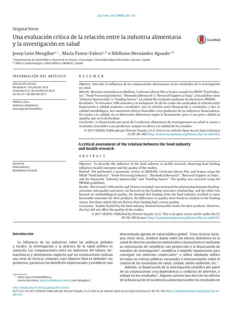 Una Evaluaci N CR Tica de La Relaci N Entre La Industria Ali 2017 Gaceta San | PDF