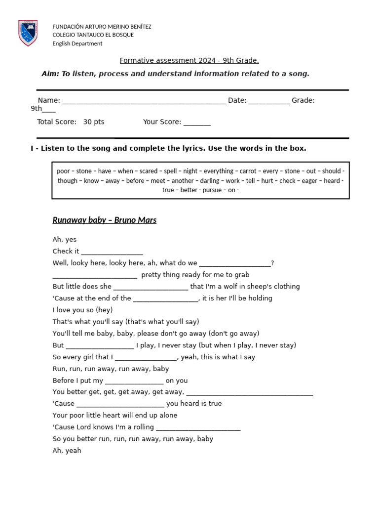 9th Grade Song Lyrics Assessment | PDF