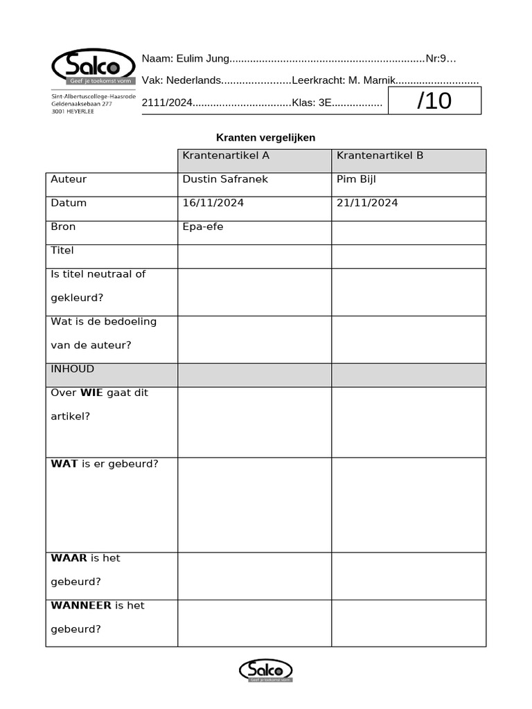 Taak krantenartikelen vergelijken | PDF