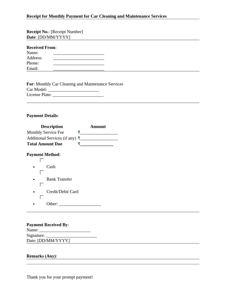 Car Monthly Maintenance Receipt Format | PDF
