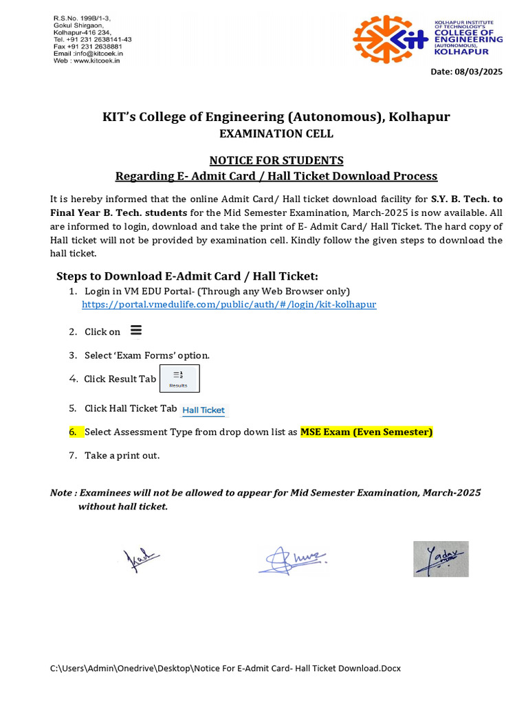 Notice For E-Admit Card - Hall Ticket Download | PDF