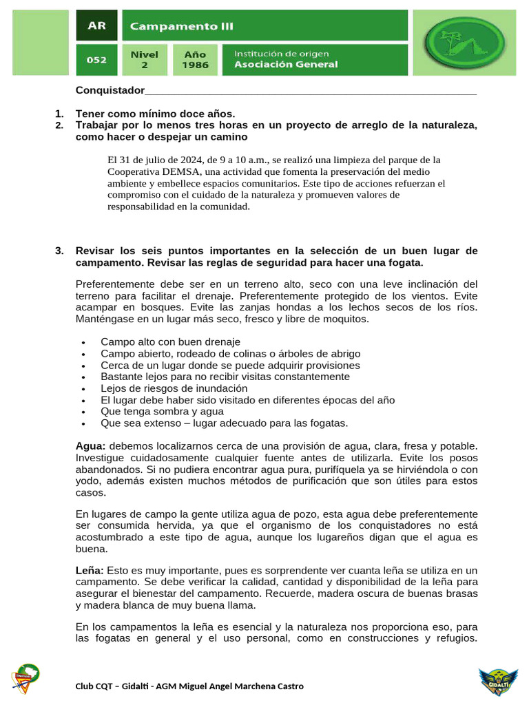 AR 052 Especialidad de Campamento III Desarrollada | PDF | Tienda | Agua