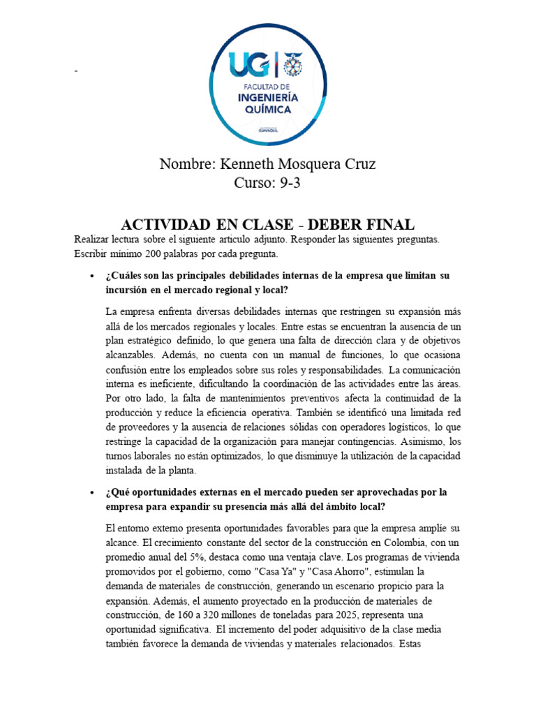 Planeación Estratégica- Actividad en Clase; Deber Final | PDF | Planificación estratégica | Business