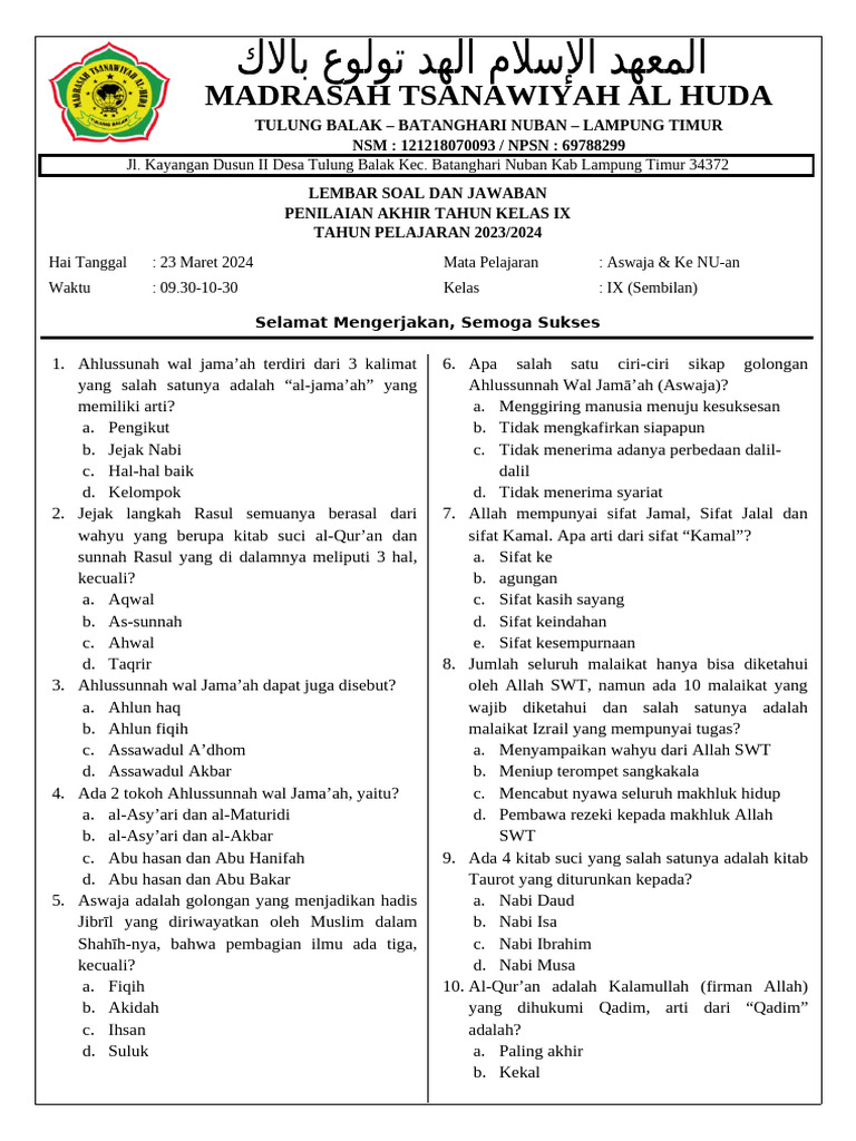 ASWAJA PAT Genap 2023-2024 | PDF