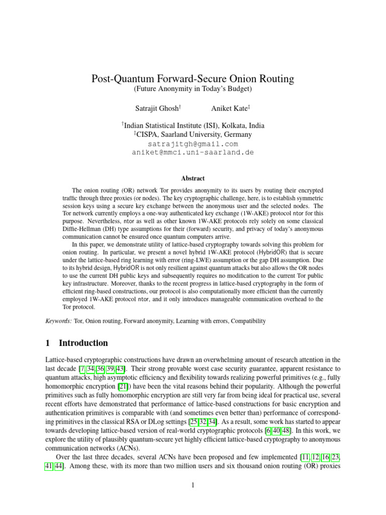 Post-Quantum Forward-Secure Onion Routing | PDF | Key (Cryptography) | Espionage Techniques