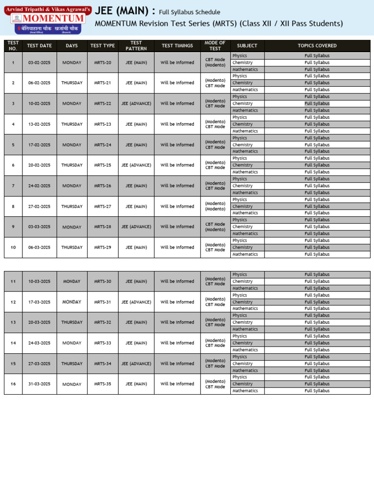 MOMENTUM Revision Test Series (MRTS PHASE-2) | PDF | Tests | Academia