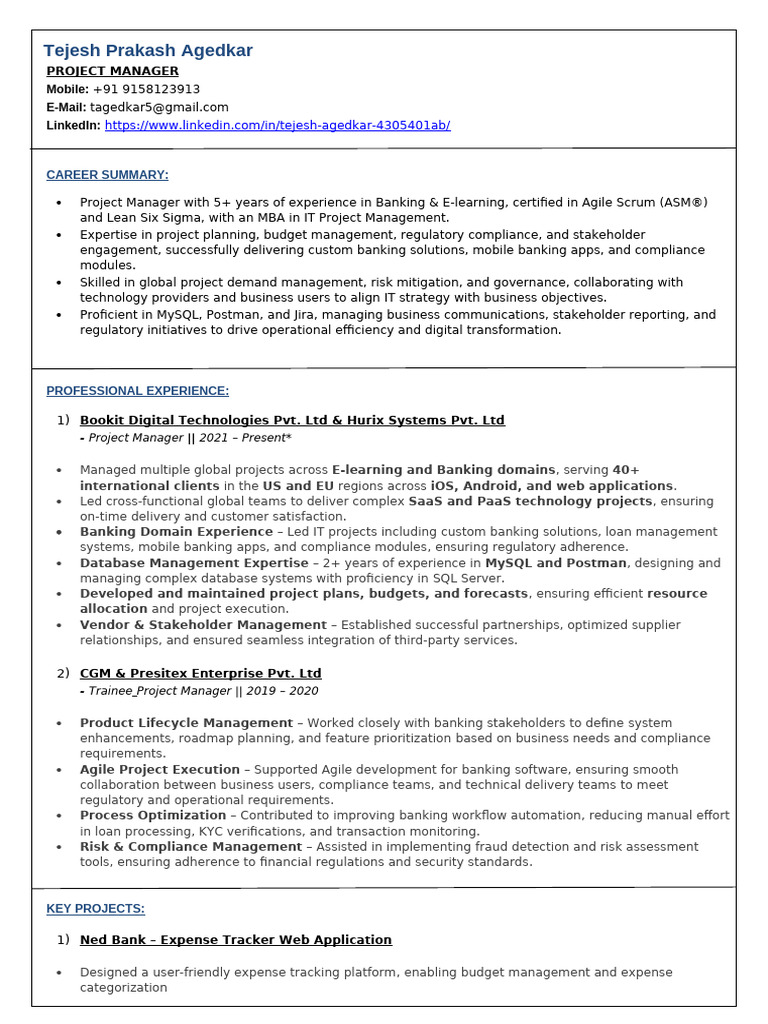 Tejesh_Agedkar_Resume_2025 | PDF | Agile Software Development | Project Management