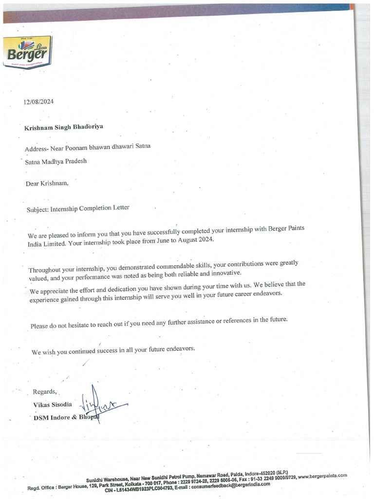 Intership Letter - Krishnam Singh Bhadoriya | PDF